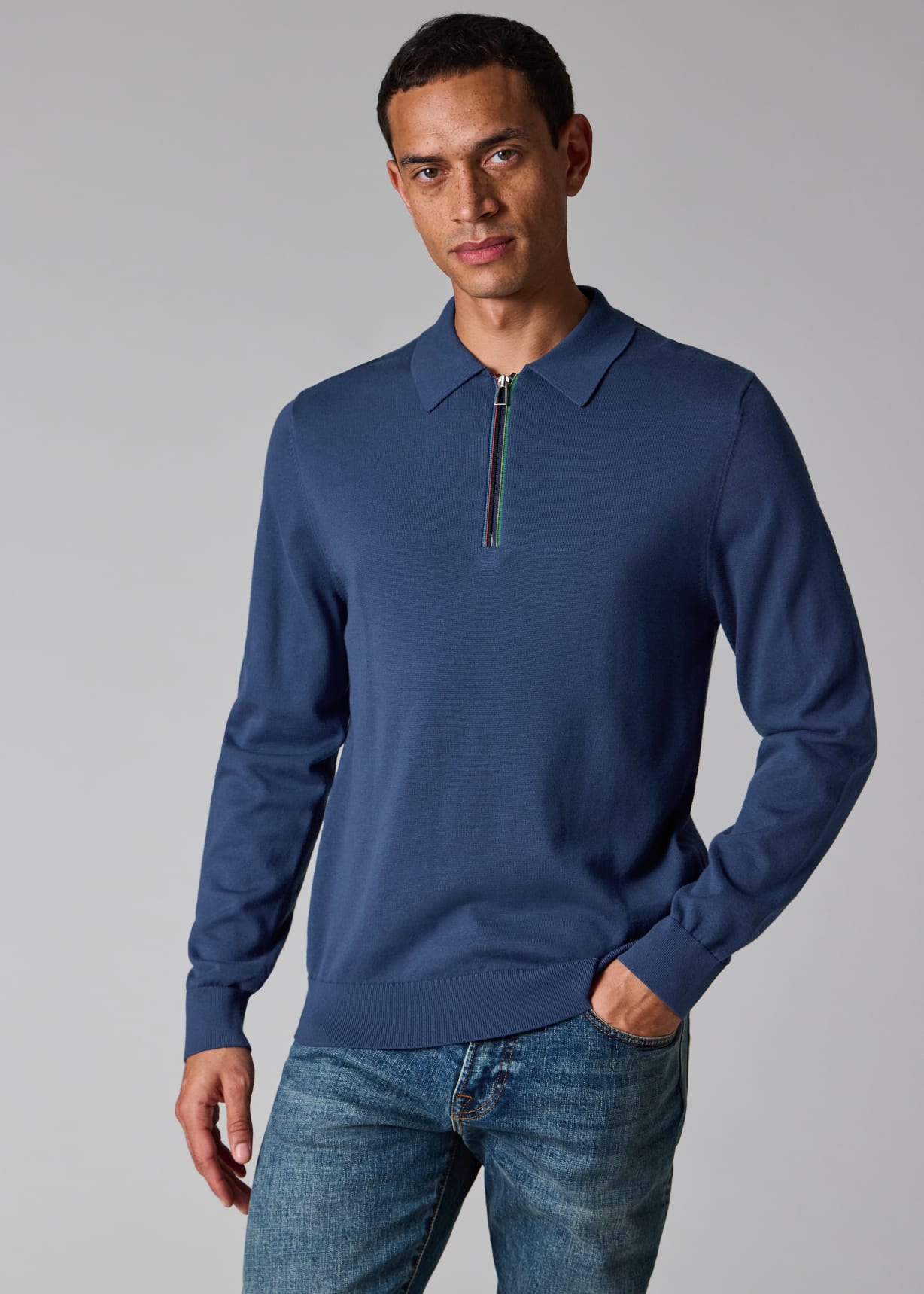 Men's Mid Blue 'Sports Stripe' Zip-Neck Long-Sleeve Polo Shirt