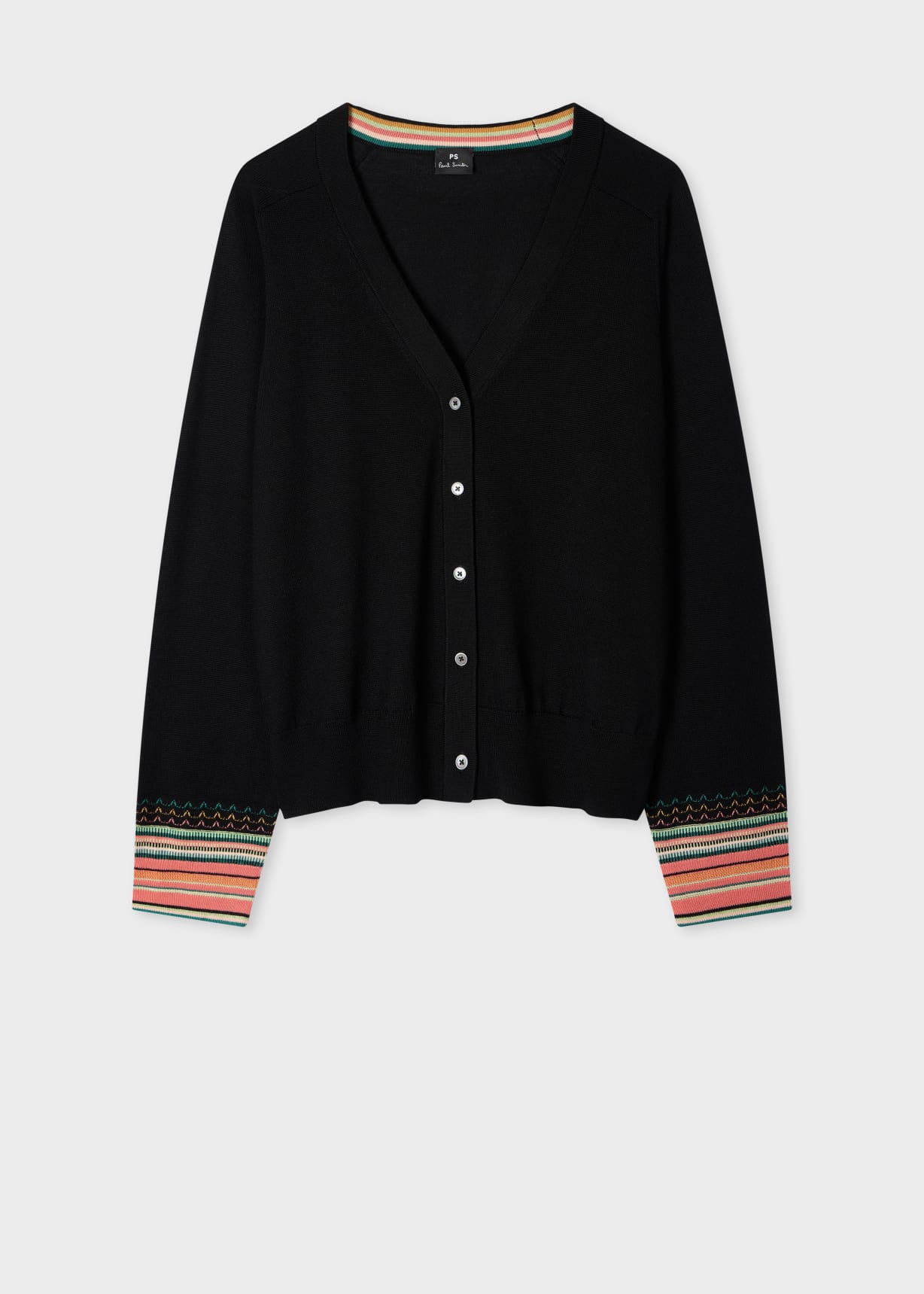 Women's Black Knitted Cardigan with Striped Cuffs