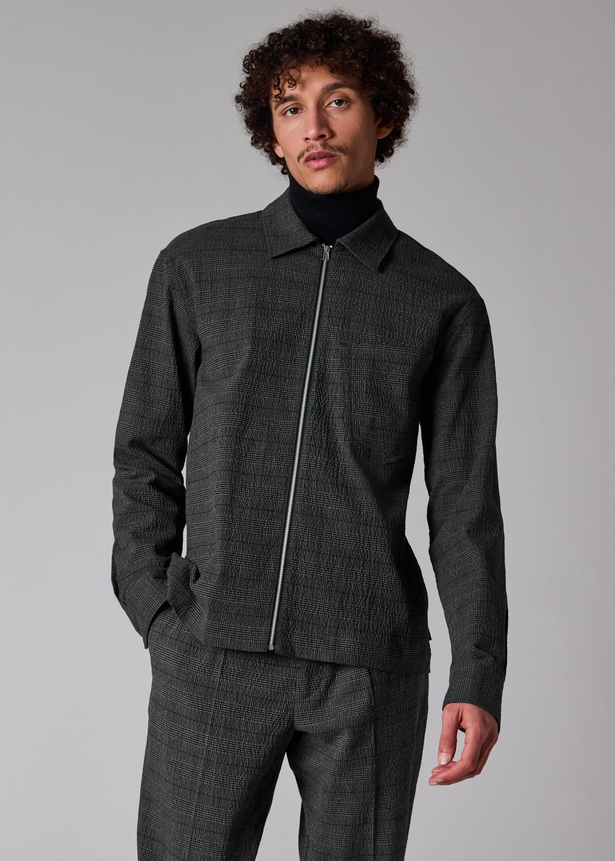 Grey Textured-Cotton Check Zip Overshirt