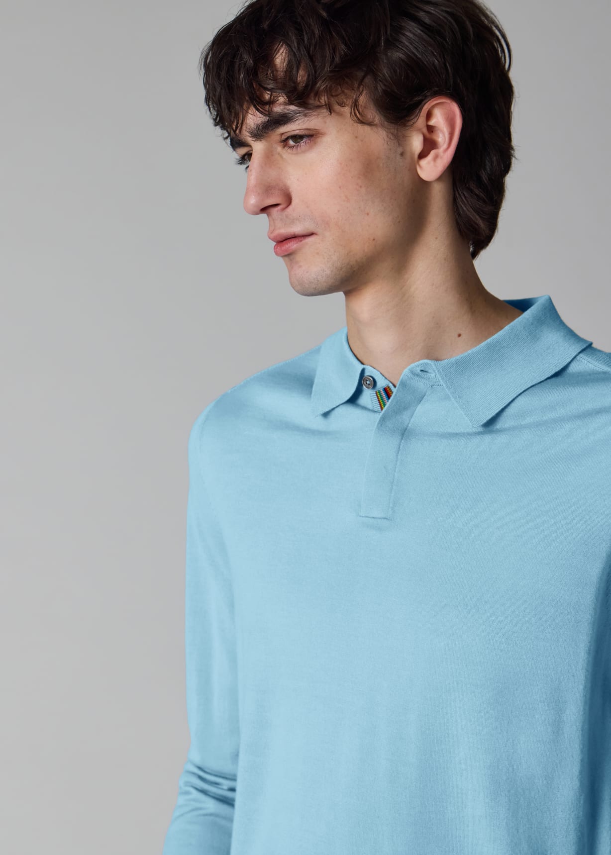 Men's Sky Blue Merino Wool Kntted Long-Sleeve Polo Shirt