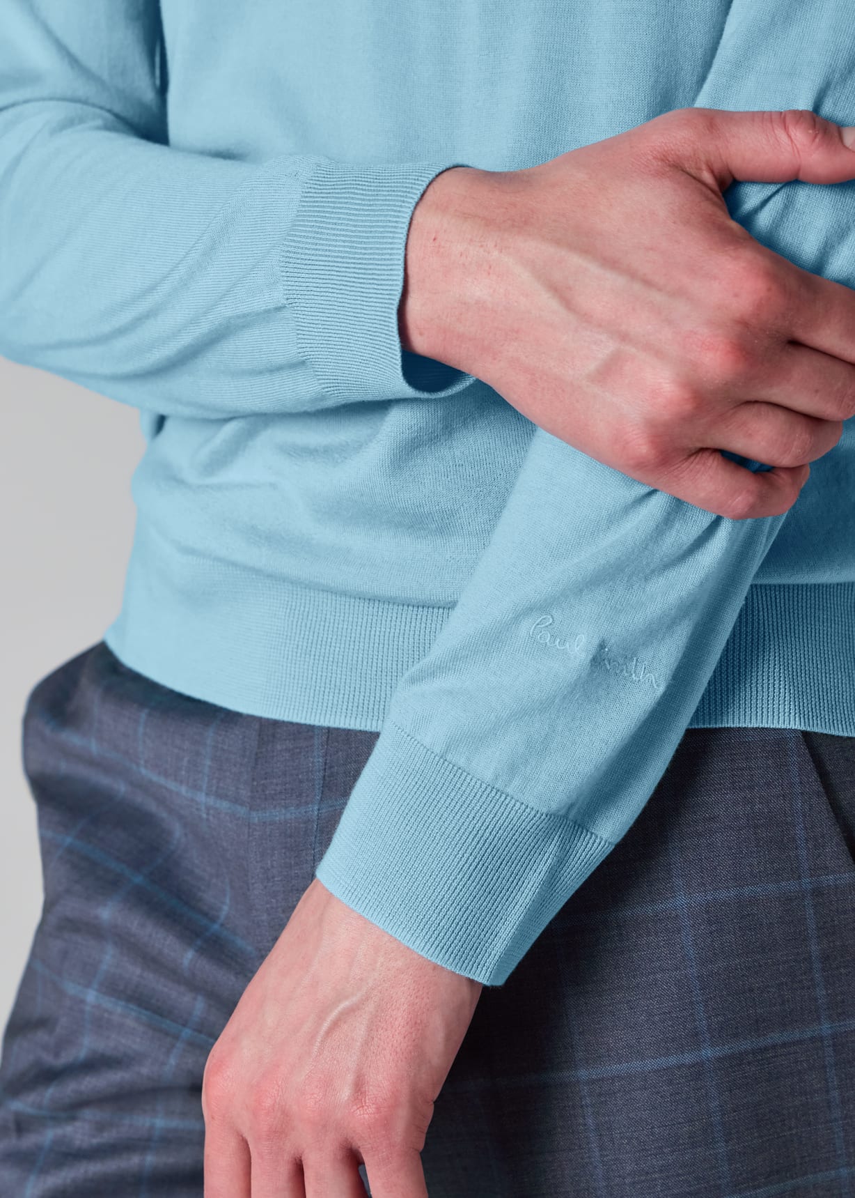 Men's Sky Blue Merino Wool Kntted Long-Sleeve Polo Shirt