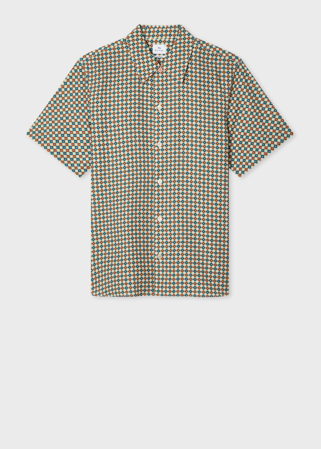 Men's Ecru 'Geo Tile' Print Lyocell-Cotton Shirt