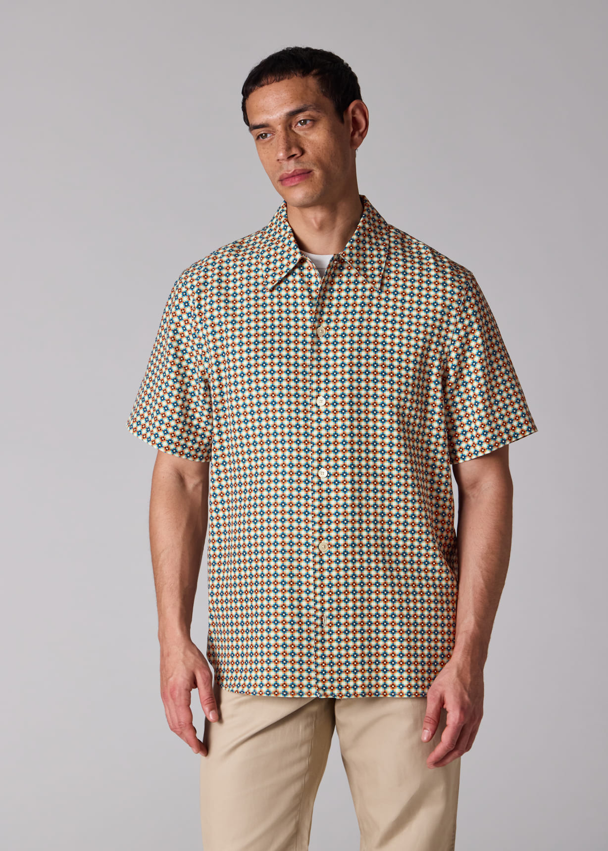 Men's Ecru 'Geo Tile' Print Lyocell-Cotton Shirt