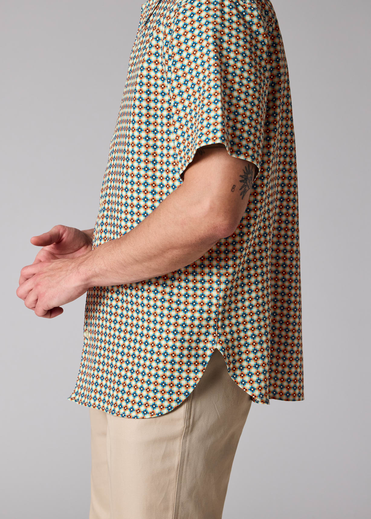 Men's Ecru 'Geo Tile' Print Lyocell-Cotton Shirt