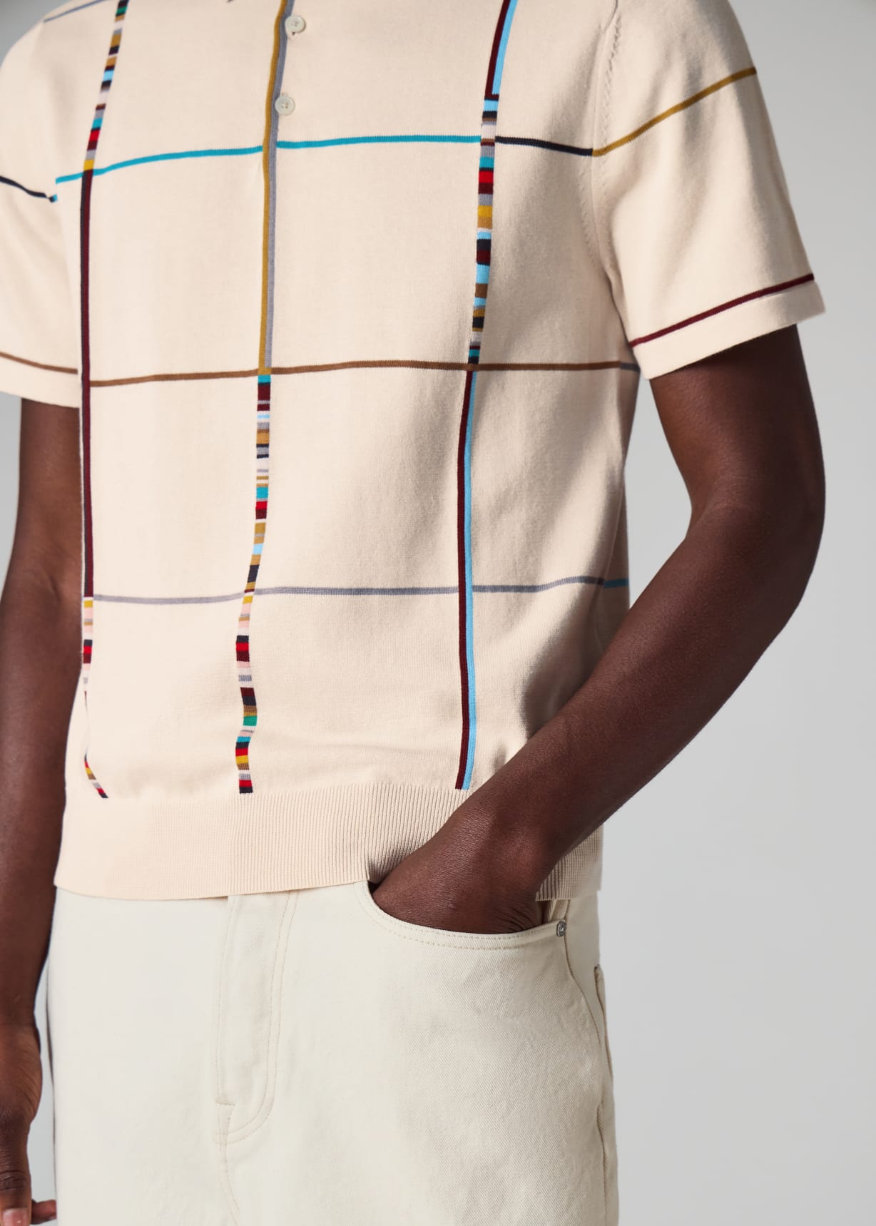 Men's Ecru 'Signature Stripe Check' Knitted Cotton Polo Shirt