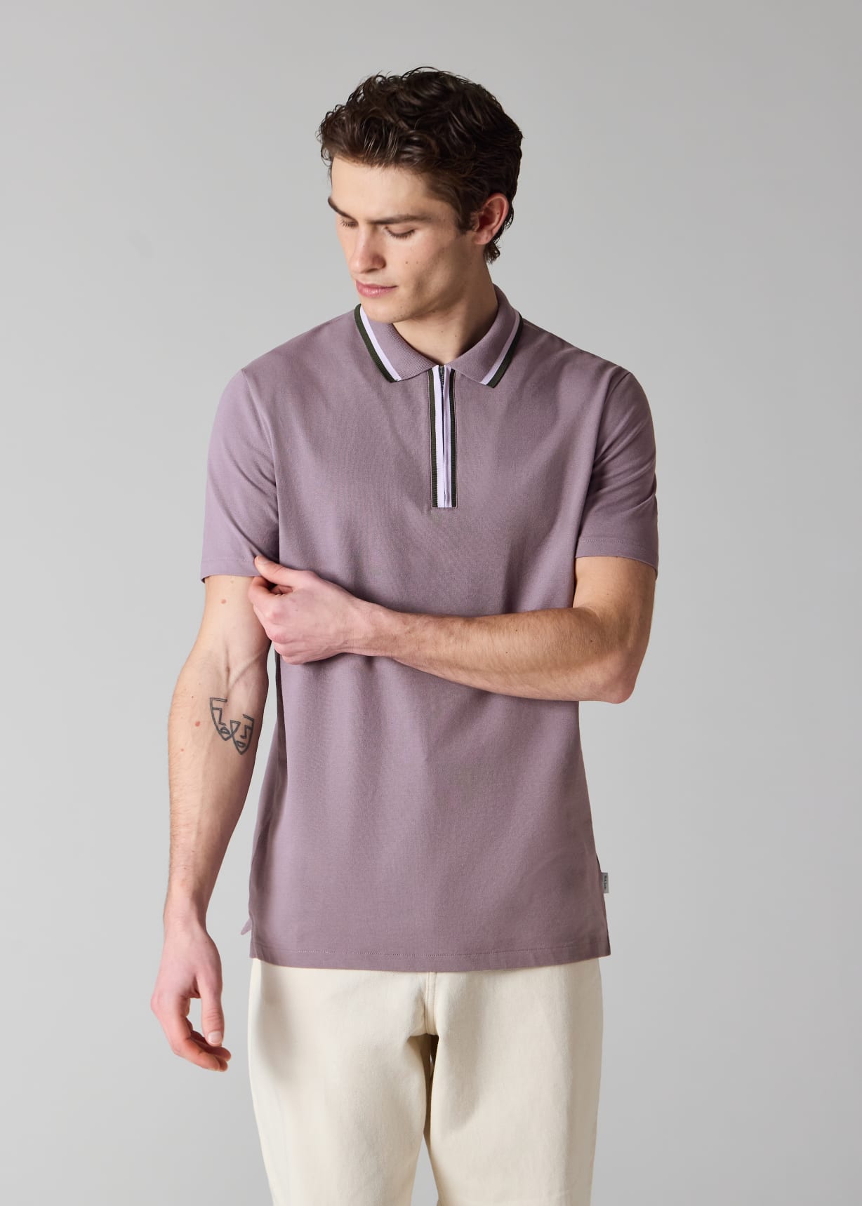 Men's Washed Mauve Contrast Tipping Zip Polo Shirt