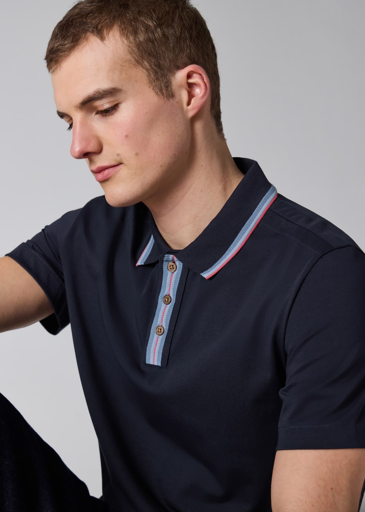 Men's Navy Plated Jersey Polo Shirt With Contrast Tipping