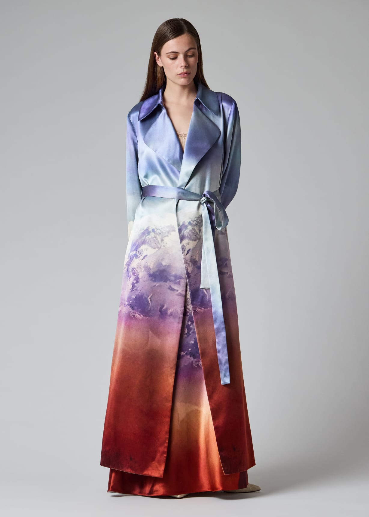 Lyra Blue Mountain Print Silk Wrap Trench Coat