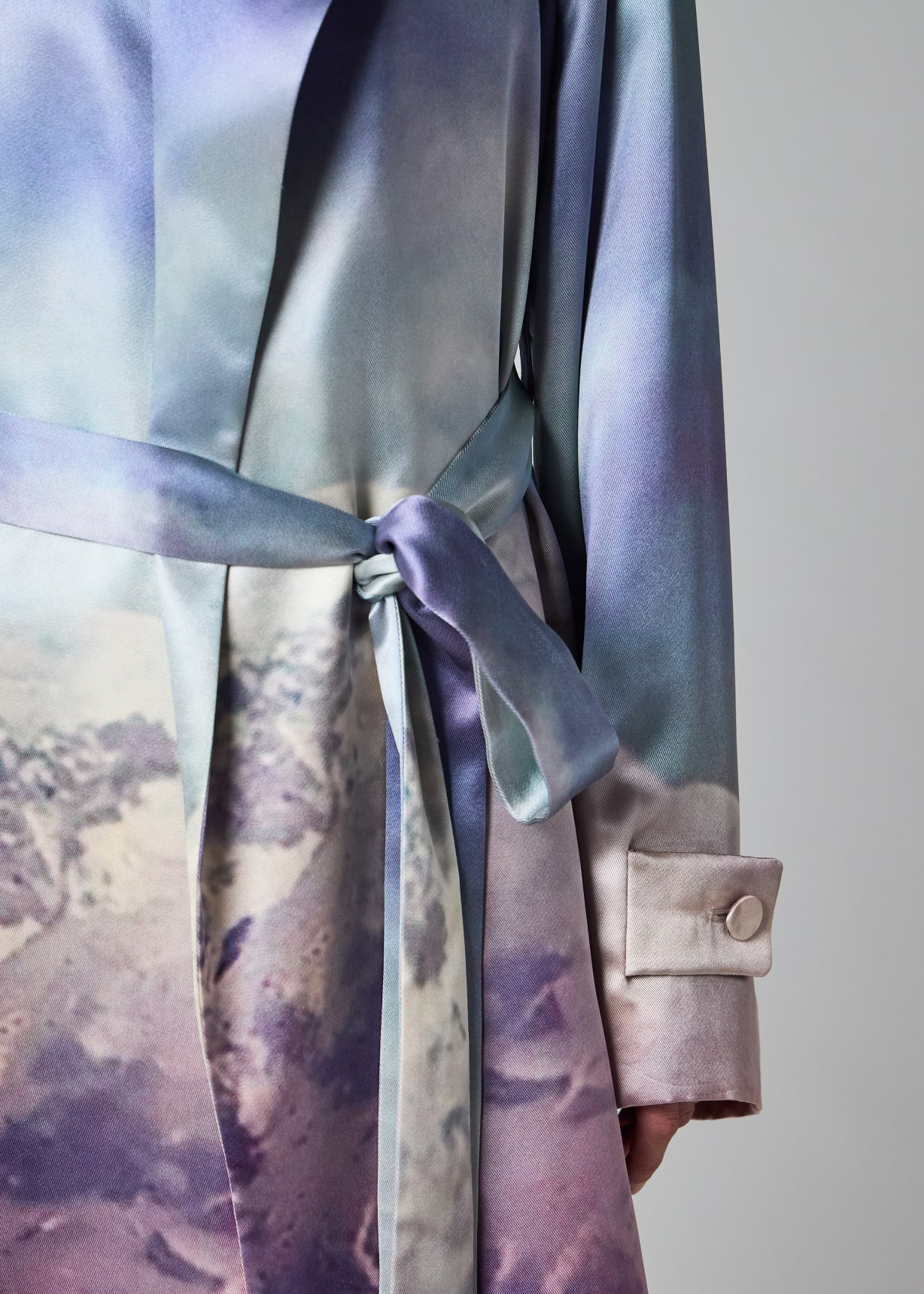 Lyra Blue Mountain Print Silk Wrap Trench Coat