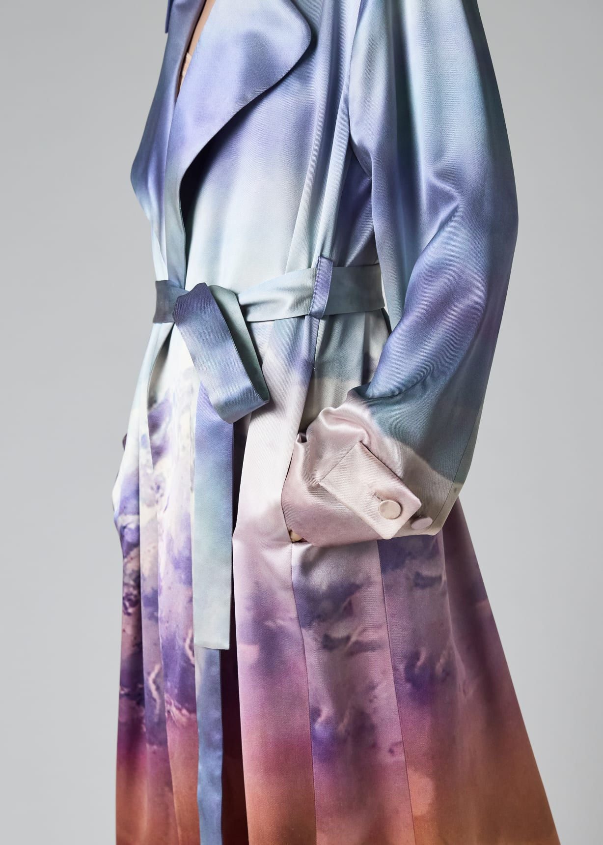 Lyra Blue Mountain Print Silk Wrap Trench Coat