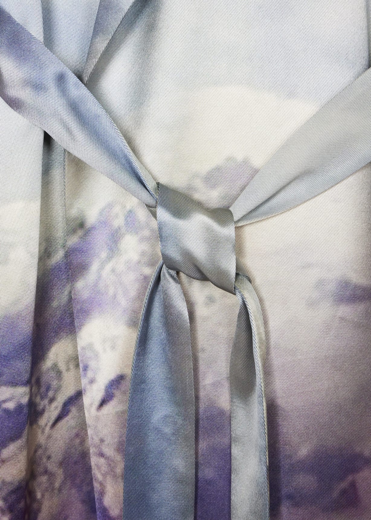 Lyra Blue Mountain Print Silk Wrap Trench Coat
