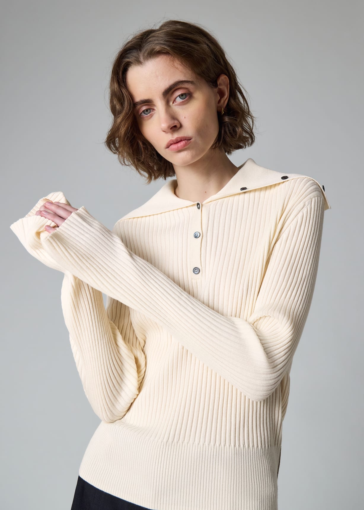 Women's Ecru Ribbed Knit Sailor-Collar Button Sweater