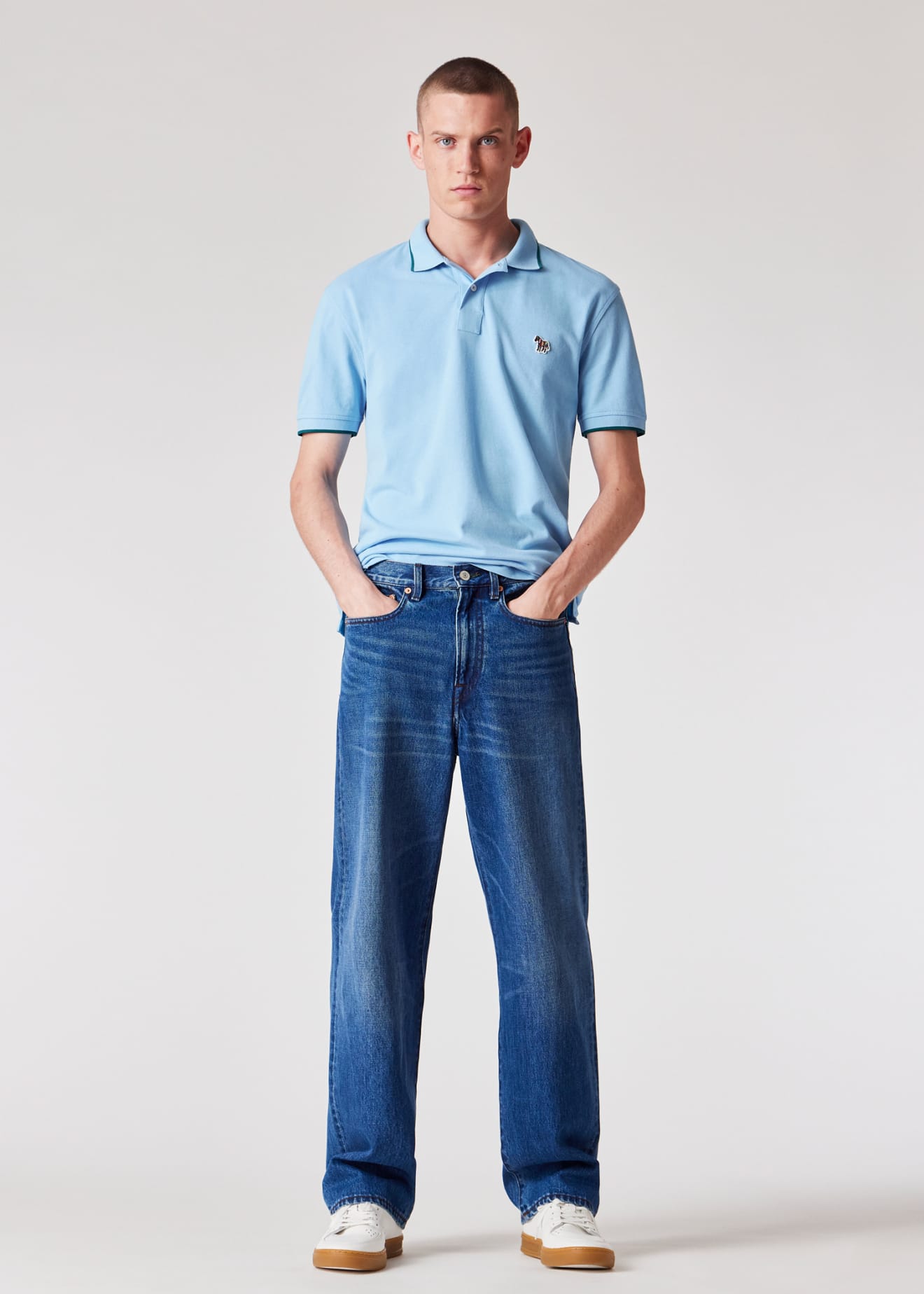 Slim-Fit Light Blue Zebra Logo Polo Shirt With Green Tipping