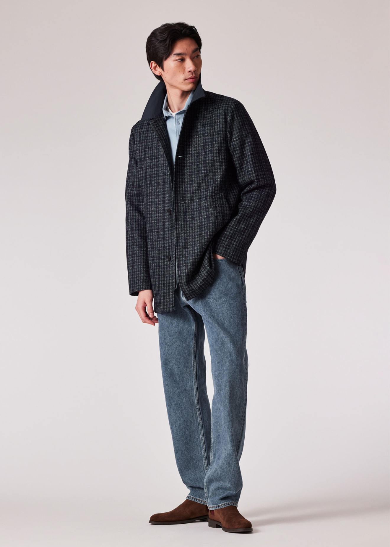 Men's Navy Recycled Wool-Blend Cropped Coat