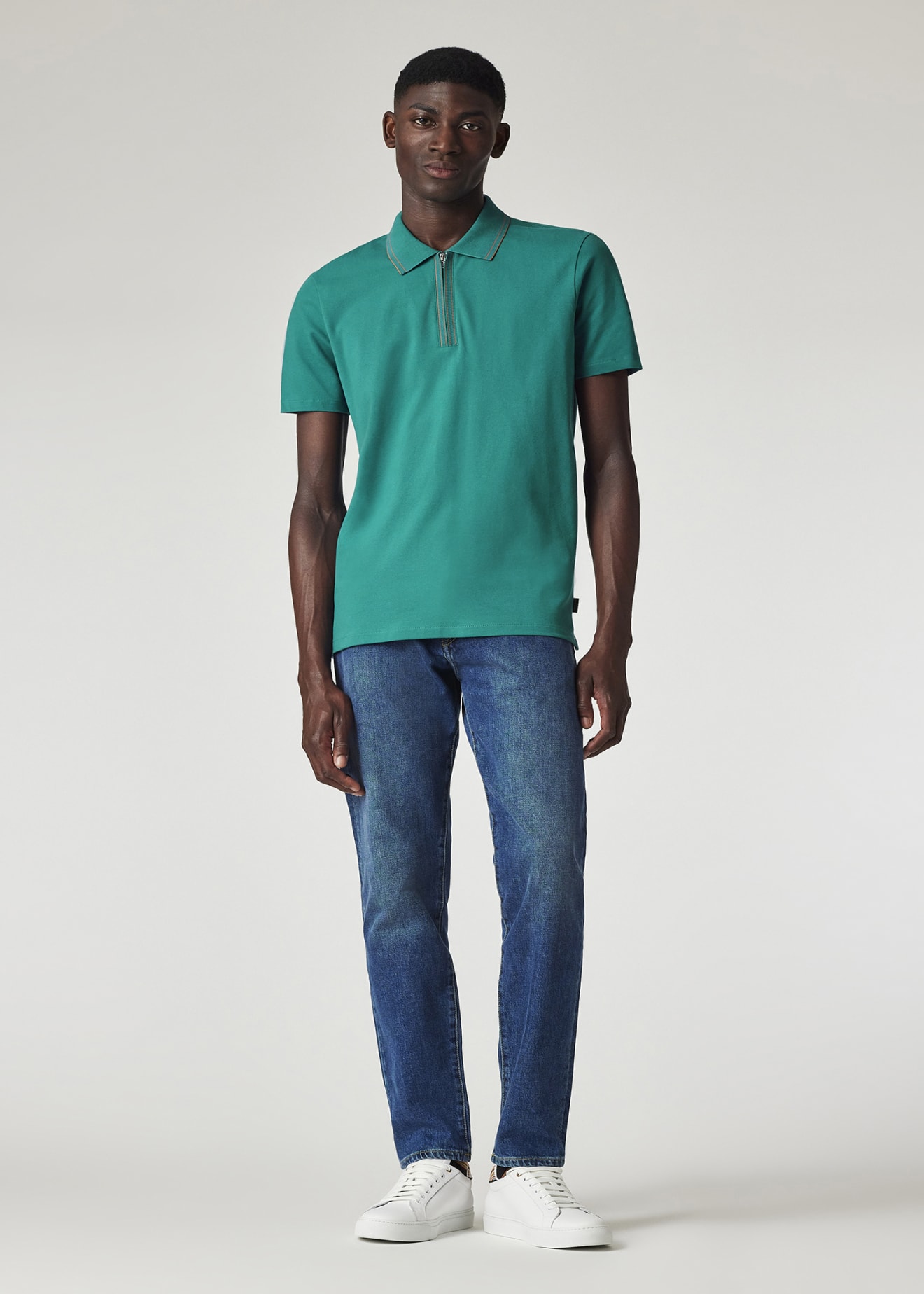 Men's Teal Zip Neck Stretch-Cotton Polo Shirt