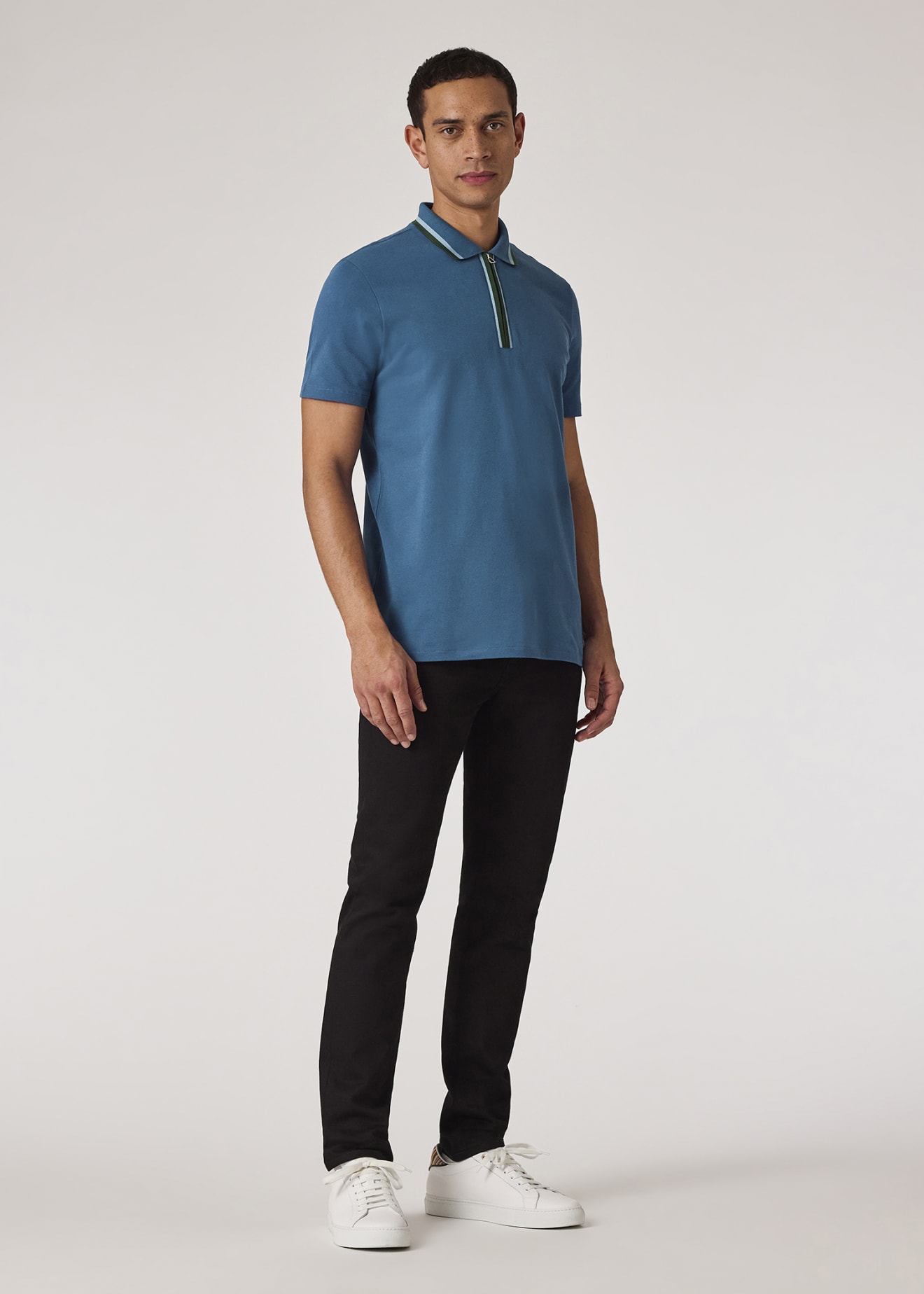 Men's Blue Zip-Neck Polo Shirt With Contrast Tipping