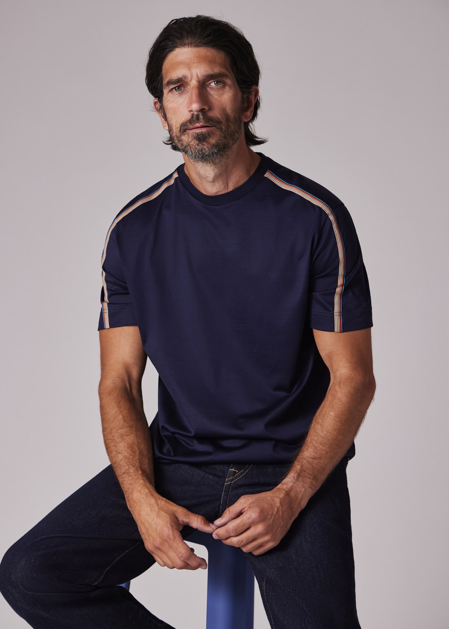 Navy Mercerised Cotton 'Signature Stripe' Shoulder Trim T-Shirt