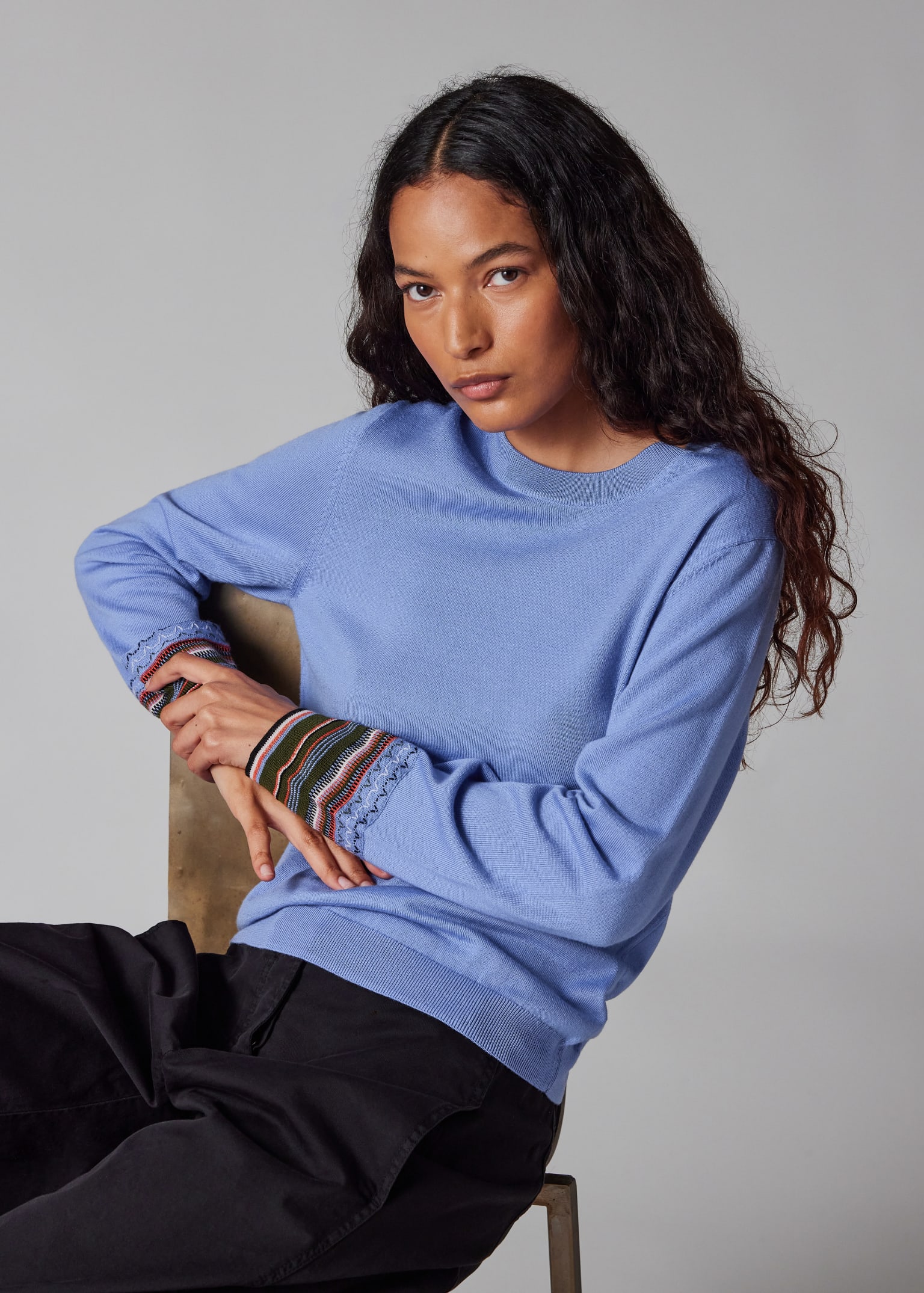 Women's Dusty Blue Merino Wool Stripe Cuff Sweater
