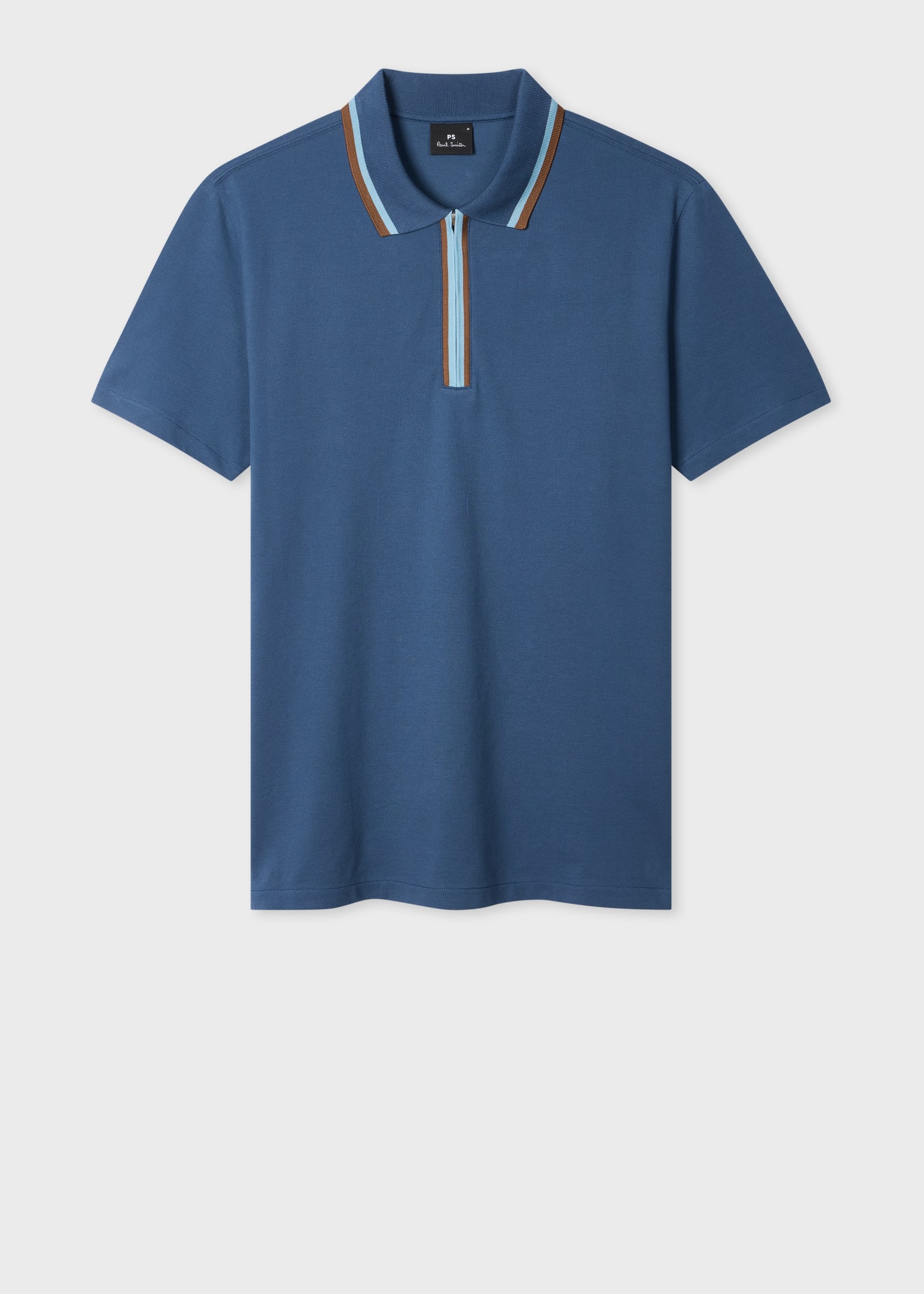 Men's Mid Blue Contrast Tipping Zip Polo Shirt