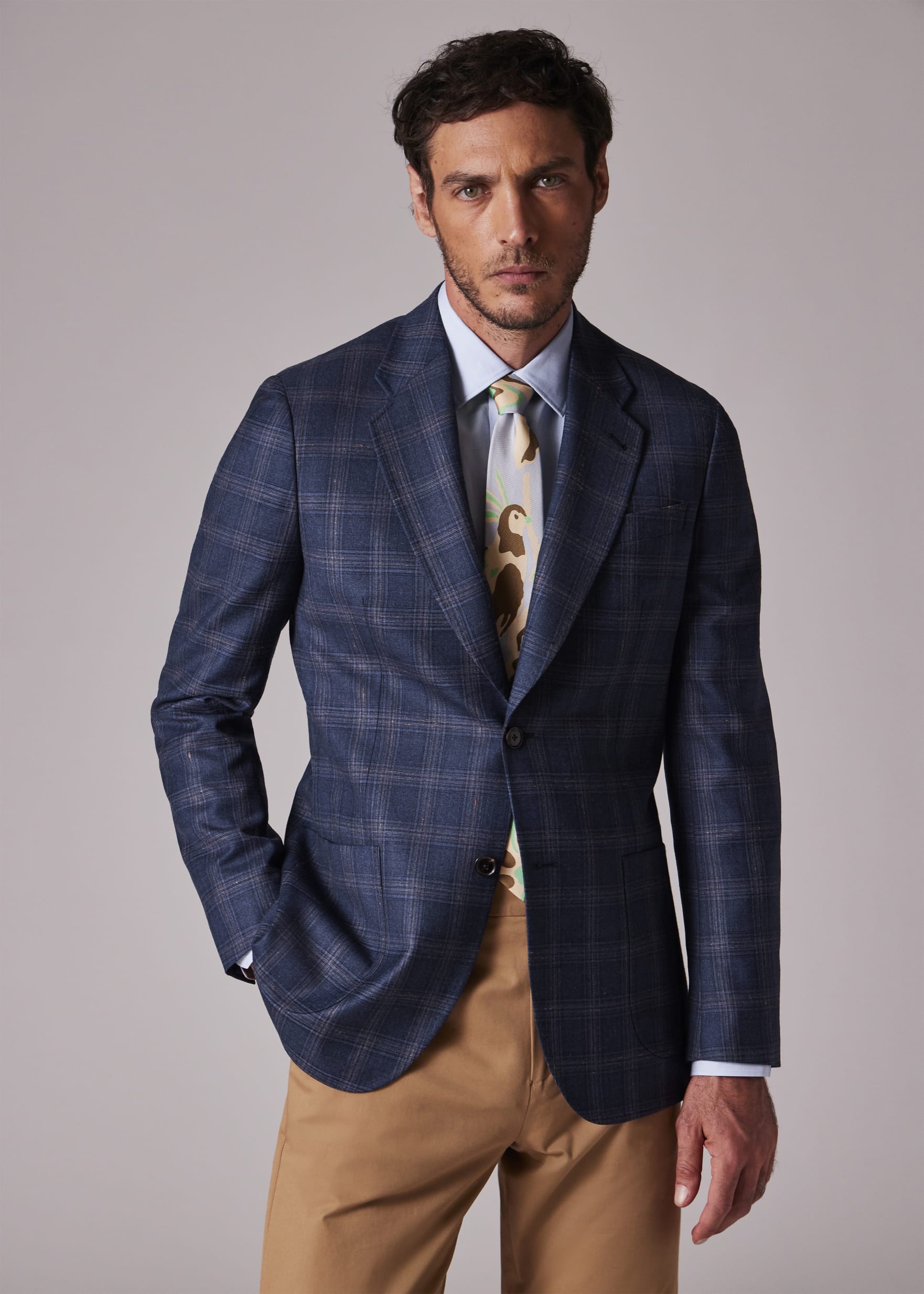 Men's Blue Wool-Cashmere Check Buggy-Lined Blazer