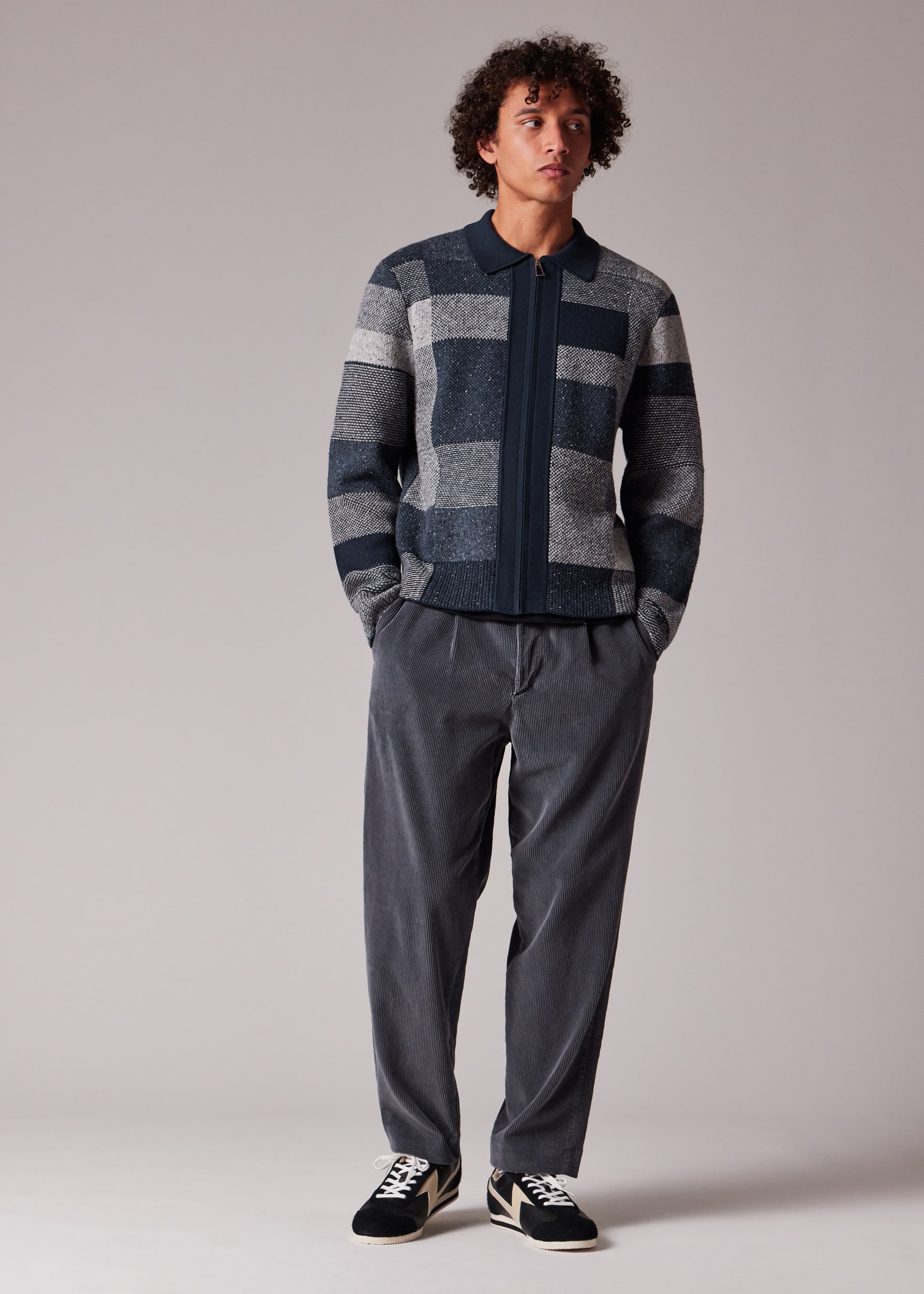 Men's Navy Tonal Patchwork Zip-Through Cardigan