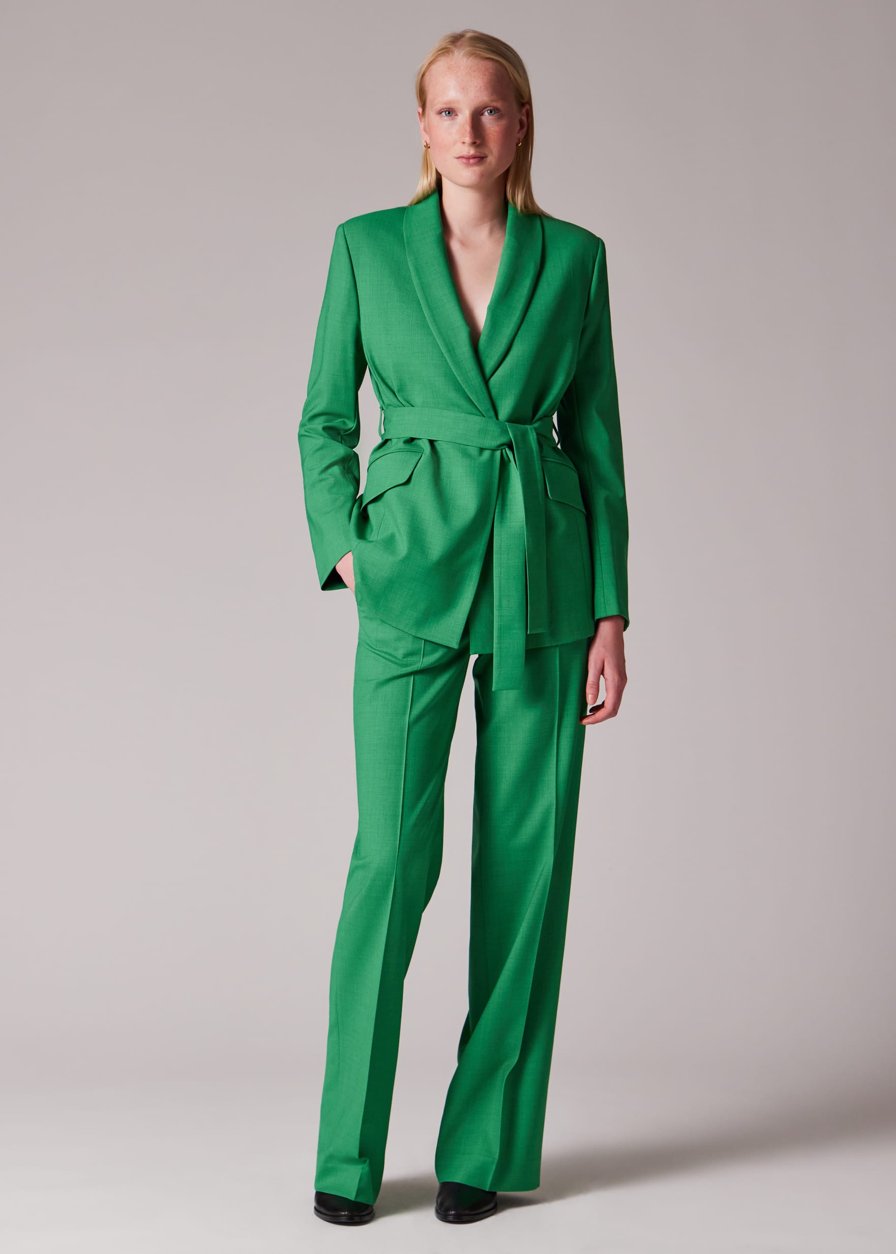 Women's Green Wool-Blend Tie Waist Jacket