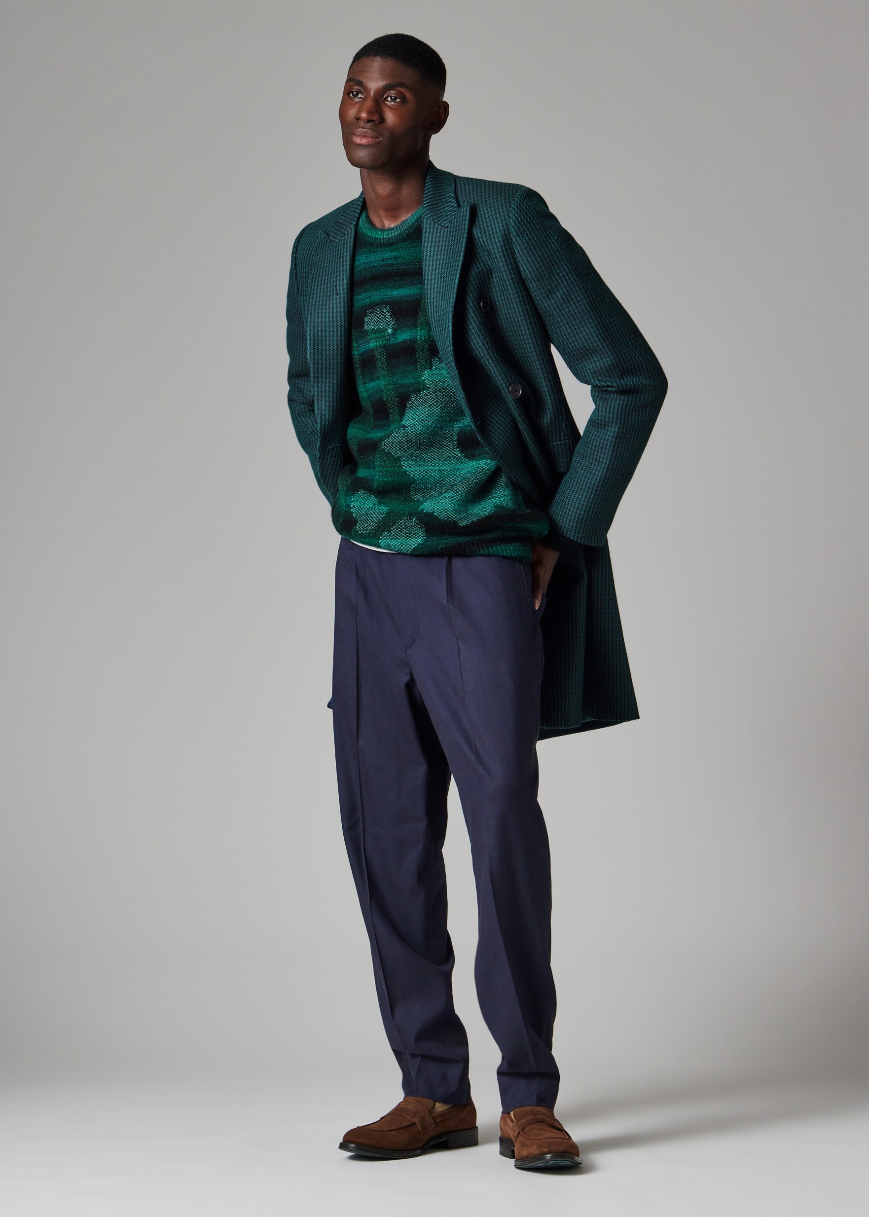 Men's Navy and Teal Houndstooth Wool-Blend Double Breasted Overcoat