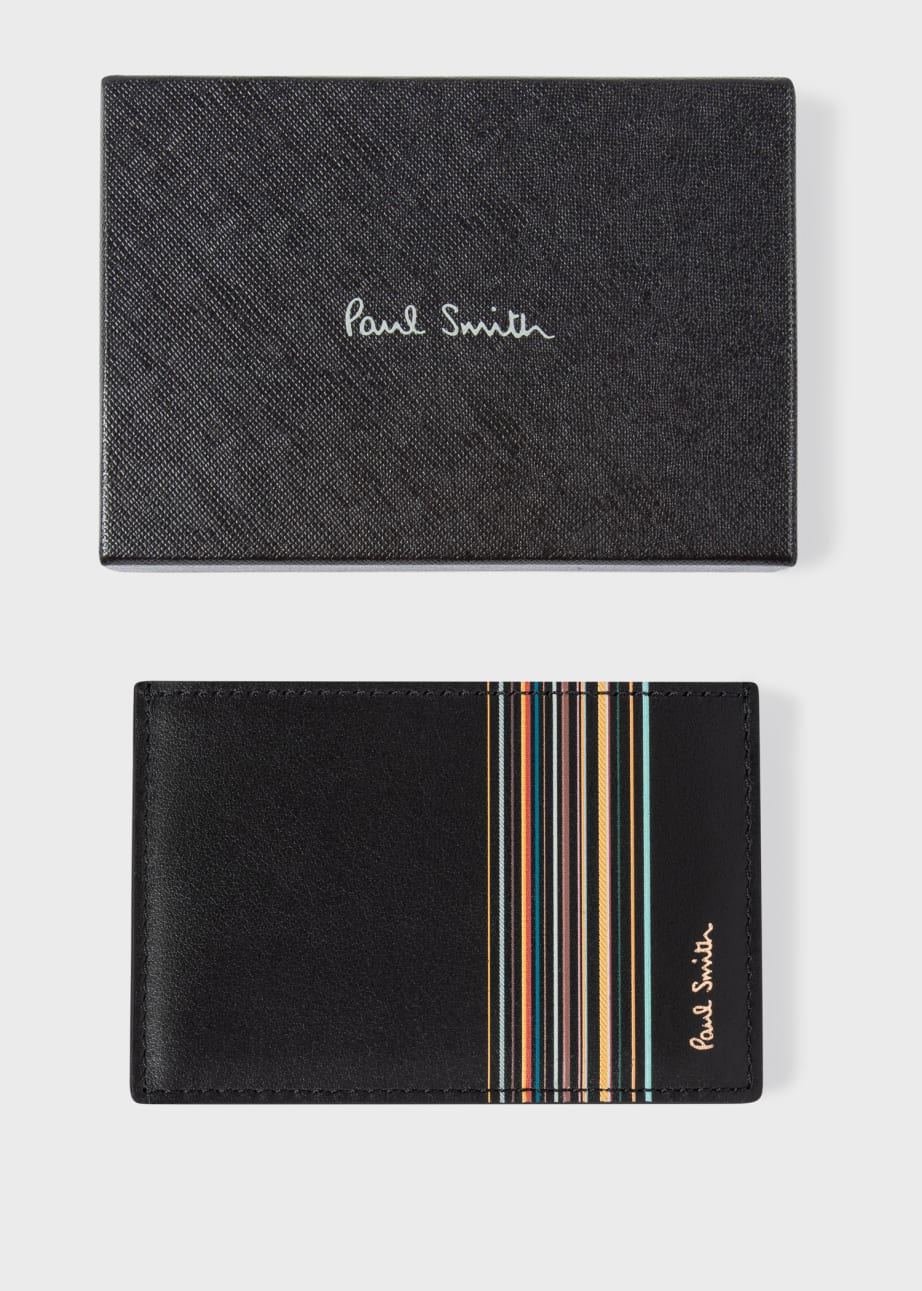 Black Leather 'Signature Stripe Block' Credit Card Holder