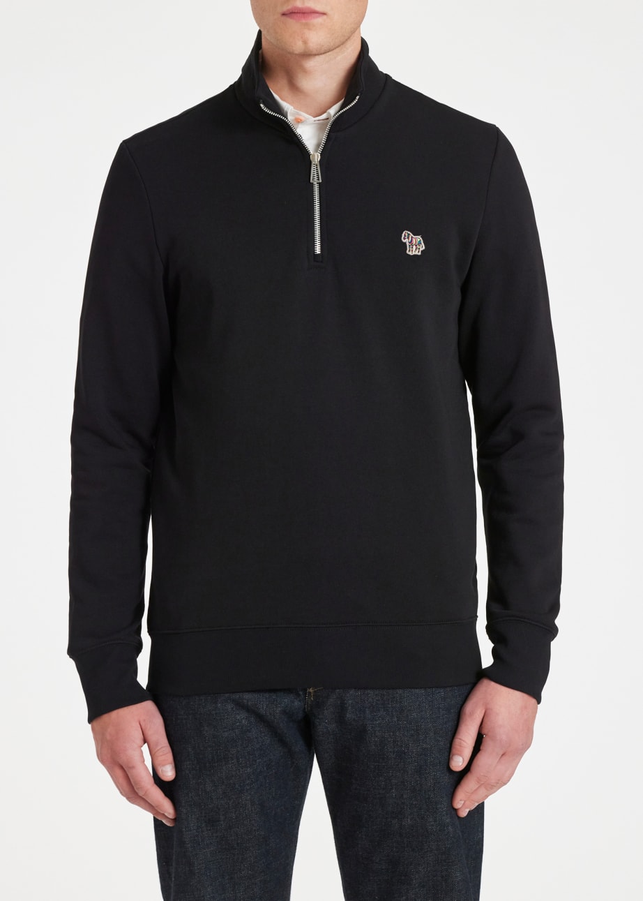 Men's Black Cotton Zebra Logo Zip-Neck Sweatshirt