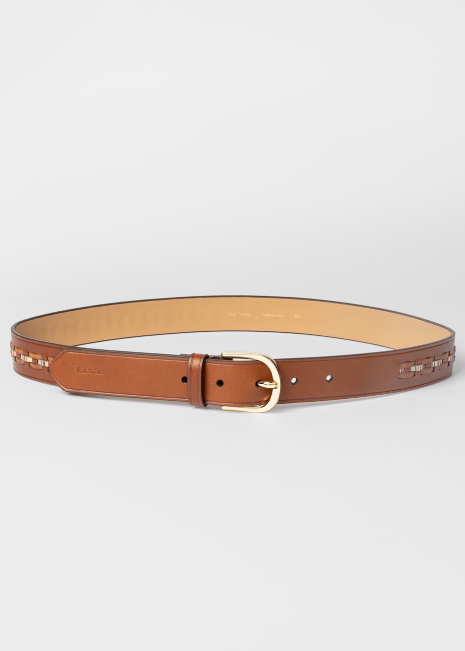 Women's Tan Woven Leather 'Signature Stripe' Belt