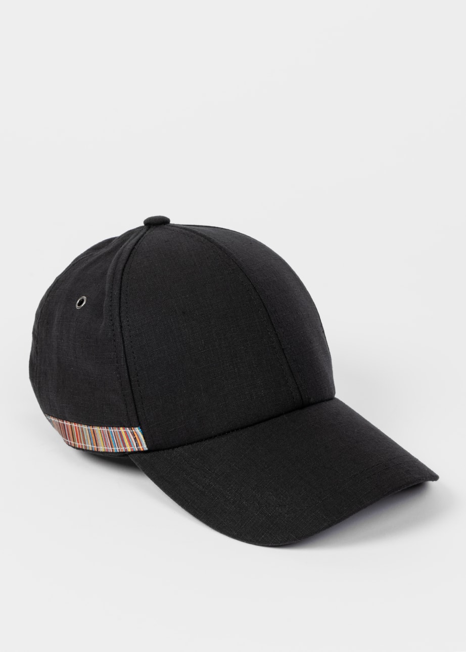 Black Linen Signature Stripe Trim Cap