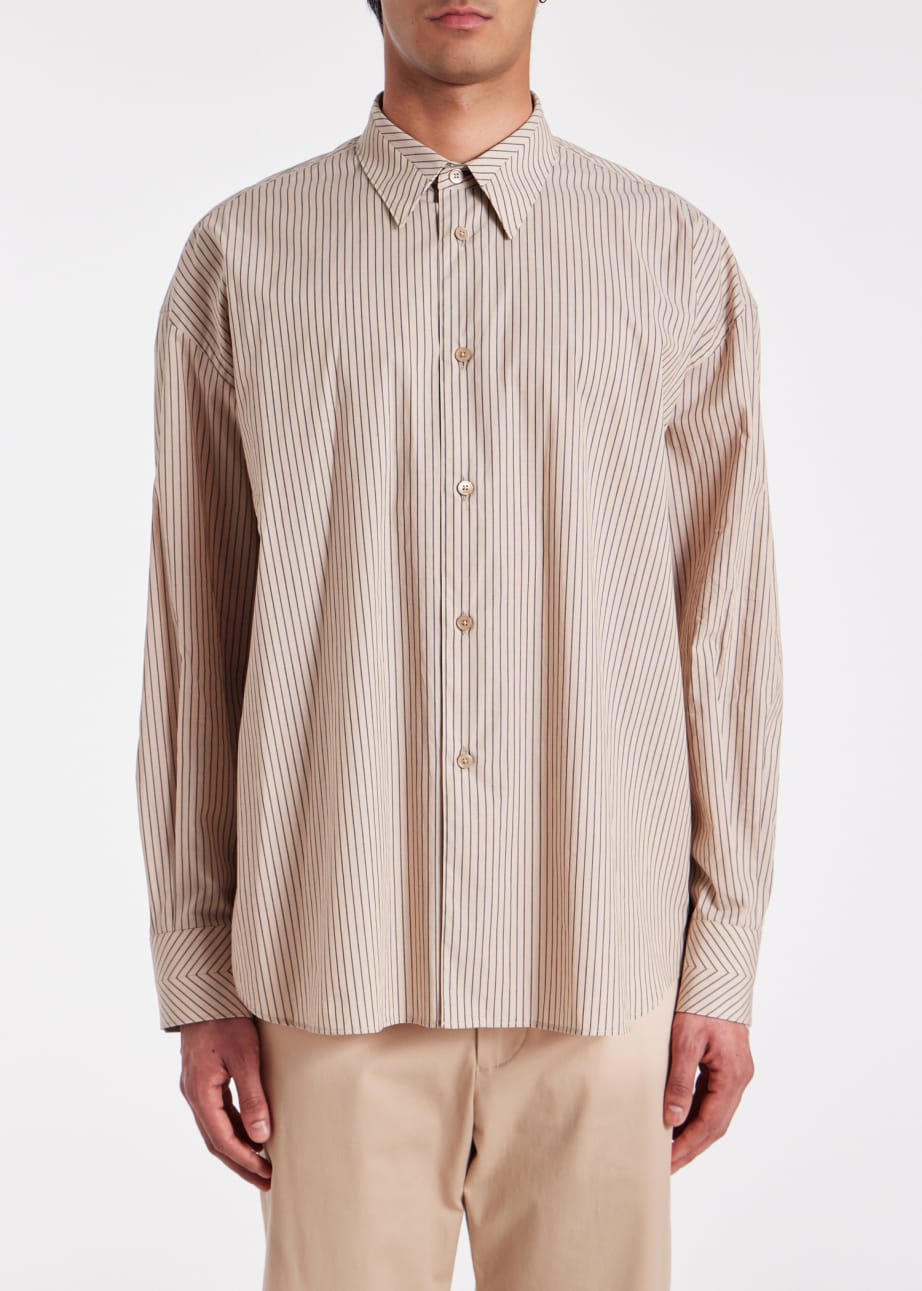 Men's Beige Stripe Oversized Cotton Shirt