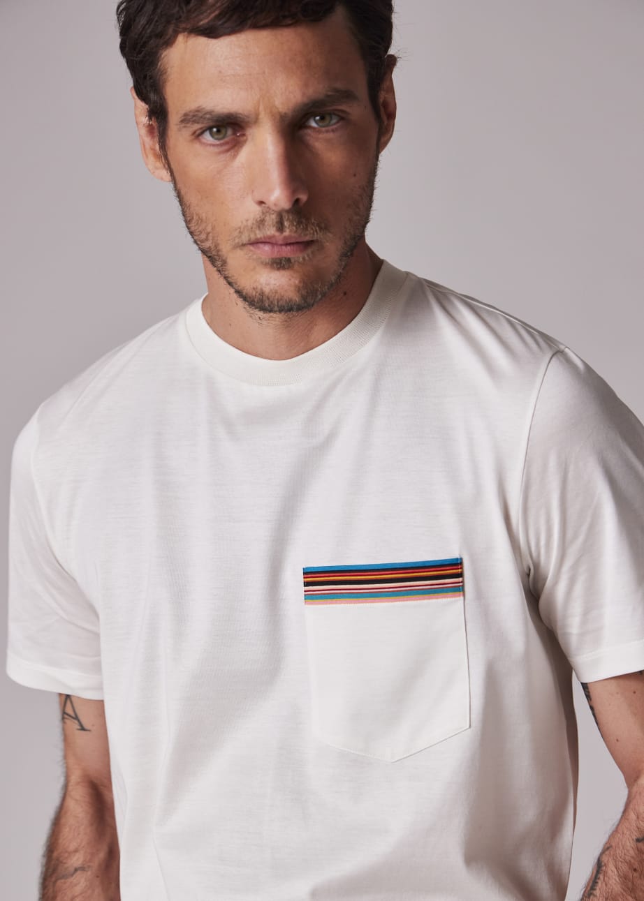 Men's White 'Signature Stripe' Pocket T-Shirt