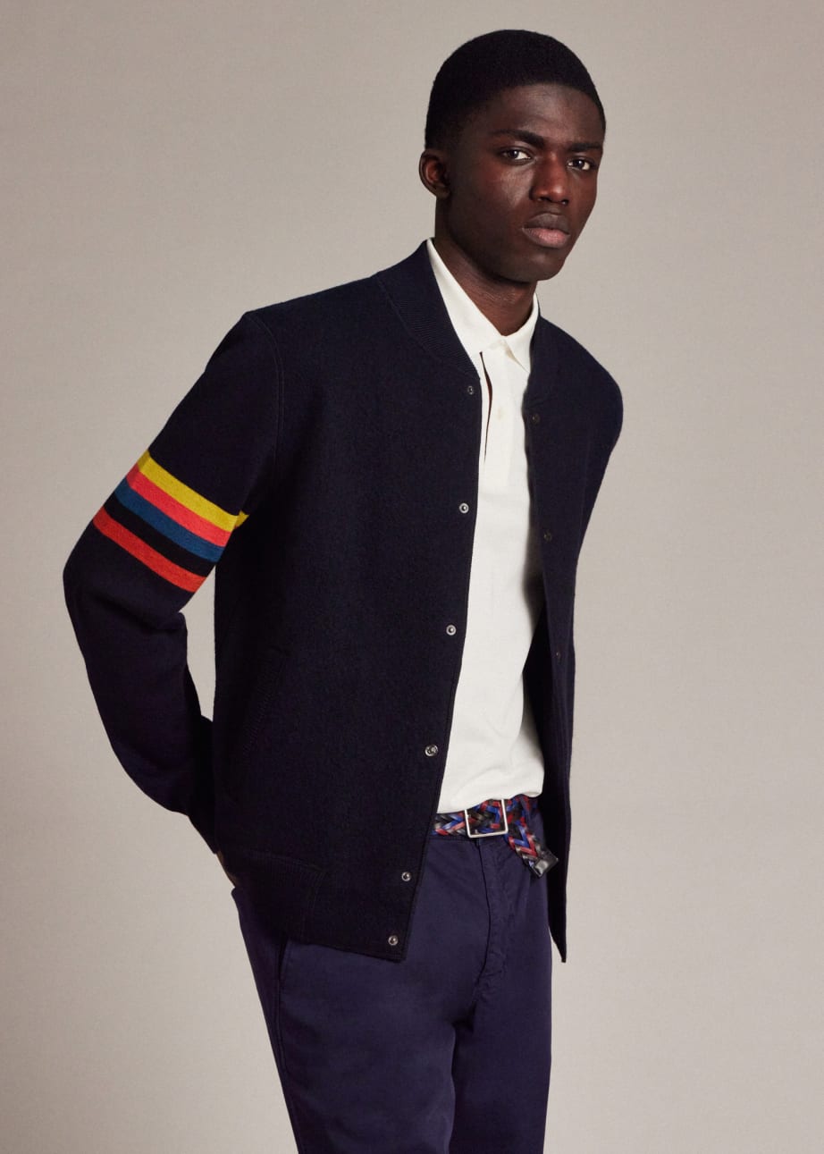 Navy Wool 'Artist Stripe' Arm Bomber Jacket