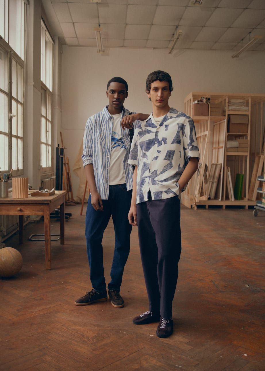 Men's Blue 'Abstract Cutout' Viscose-Linen Shirt