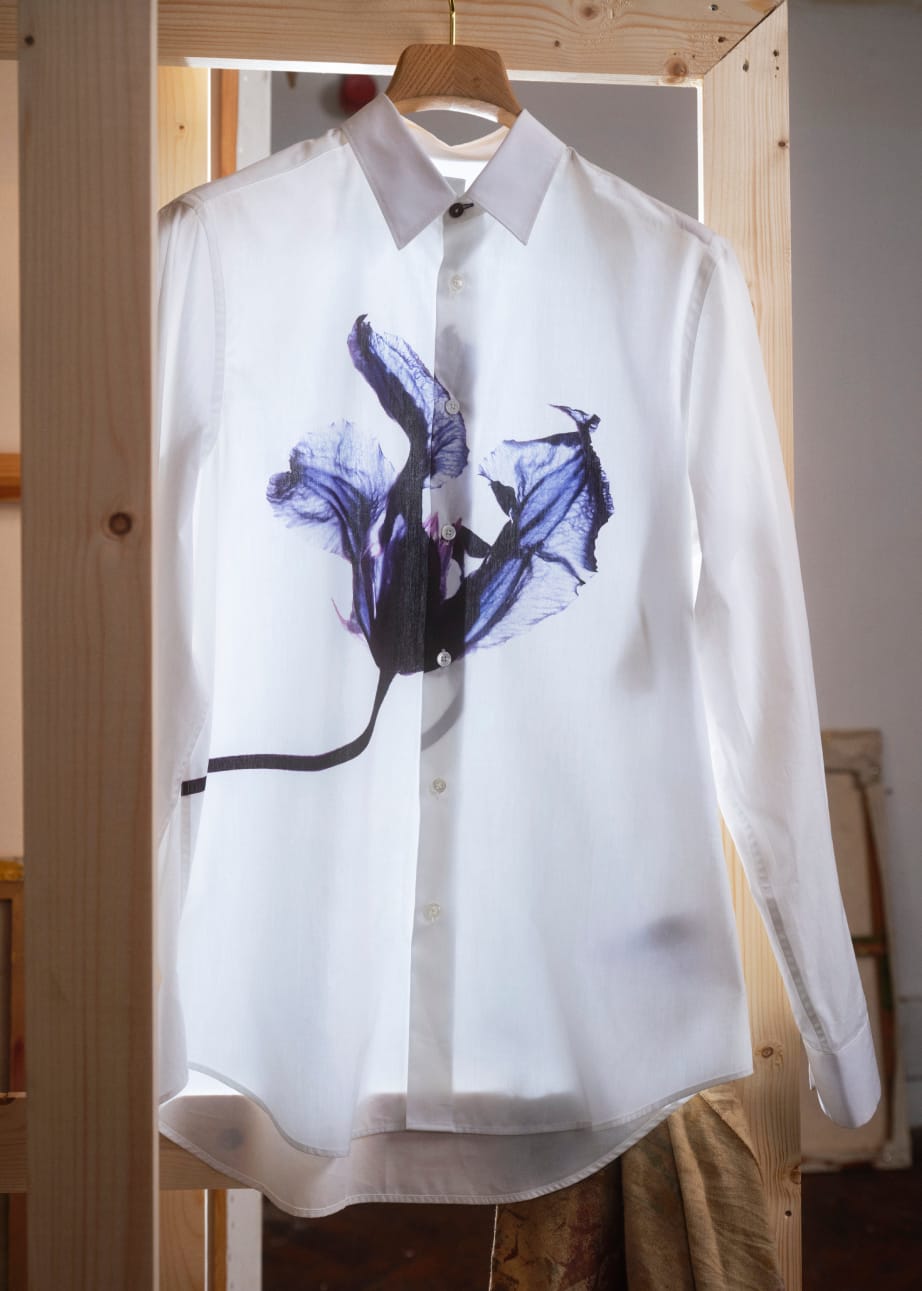 Men's White 'Moonlight Flower' Print Cotton Shirt