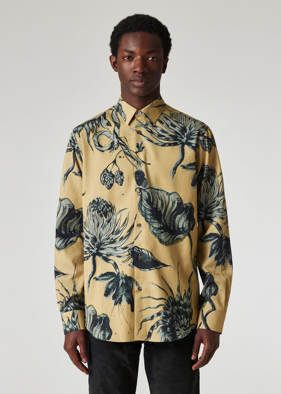 Men's Ecru 'Thistleberry' Print Cotton-Blend Shirt