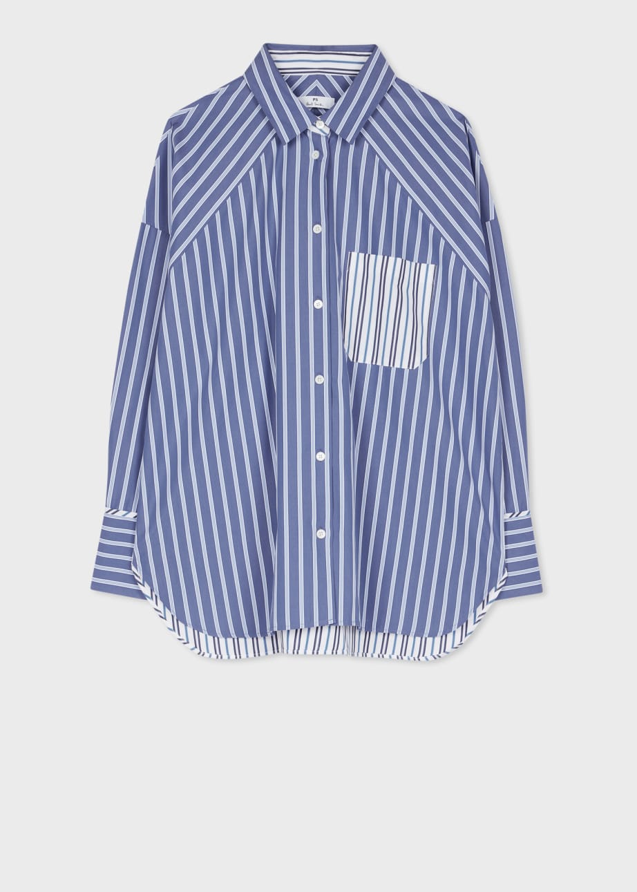 Women's Blue Contrast Stripe Cotton Shirt