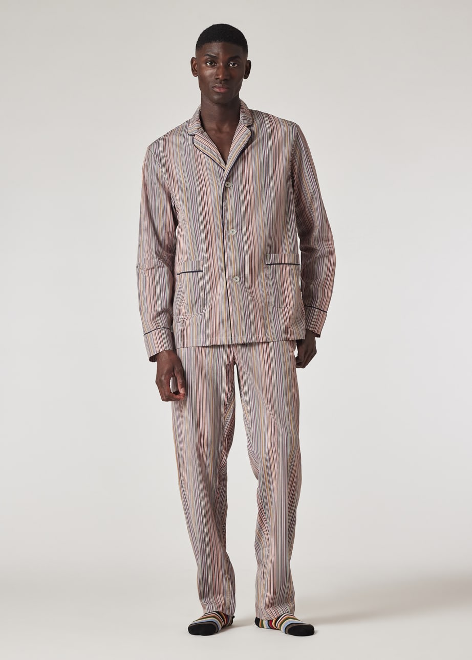 Men's 'Signature Stripe' Cotton Pyjama Set With Navy Trims