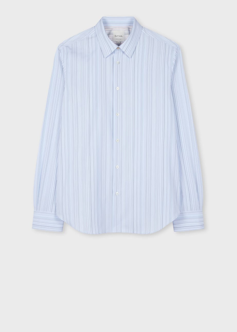 Men's Slim-Fit Pale Blue 'Signature Stripe' Cotton Shirt