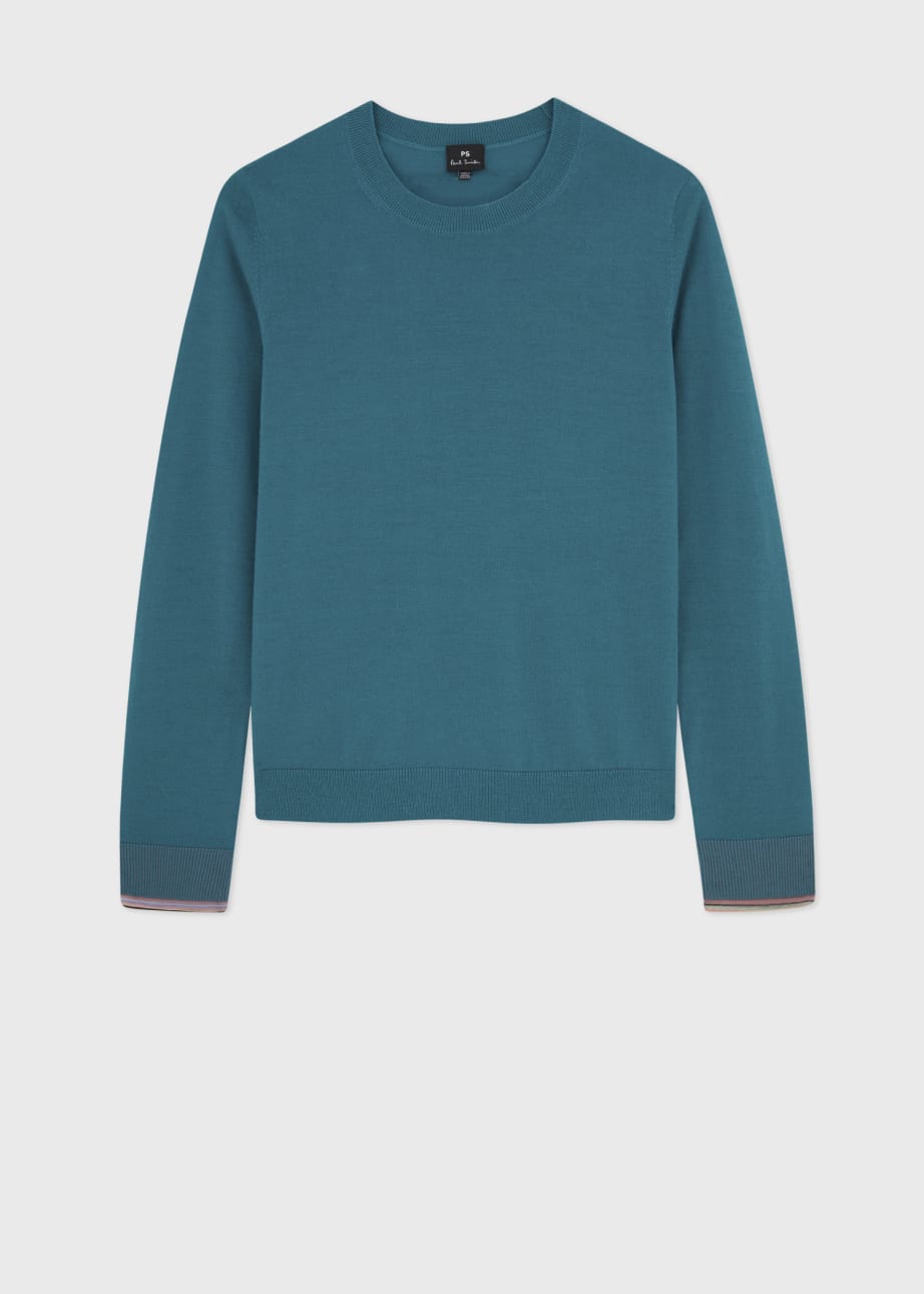 Women's Turquoise Knitted Merino Crew Neck Sweater