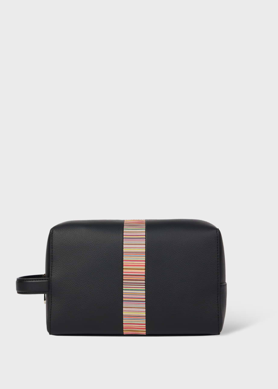 Black Leather 'Signature Stripe' Trim Wash Bag