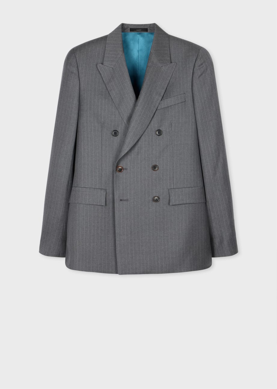 Men's Tailored-Fit Grey Pinstripe Wool Double-Breasted Blazer