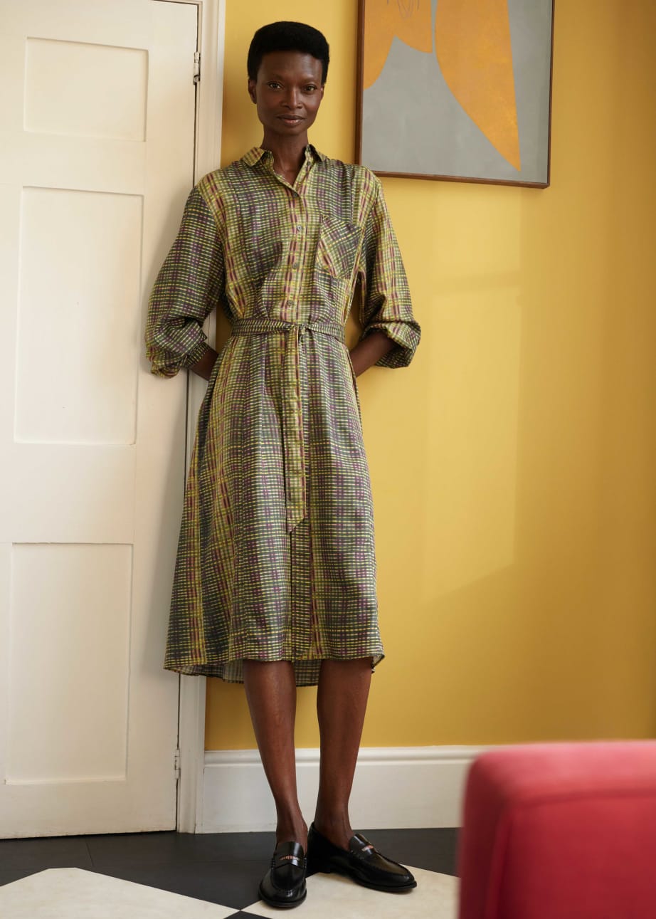 Women's Yellow and Black Check Shirt Dress