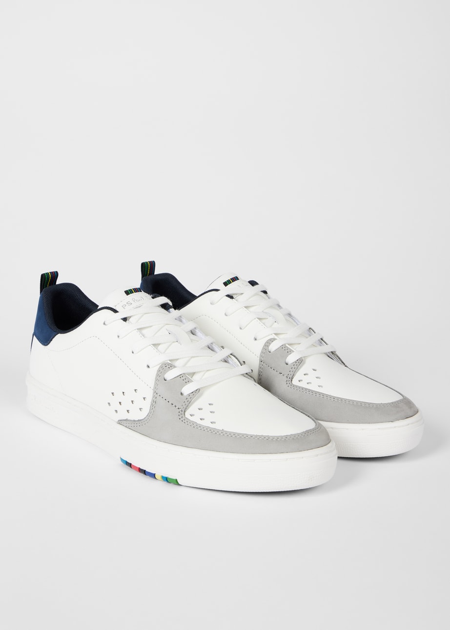 Men's White Leather 'Cosmo' Trainers With Navy Heel