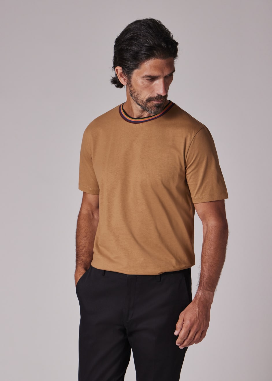 Men's Tan 'Artist Stripe' Collar T-Shirt