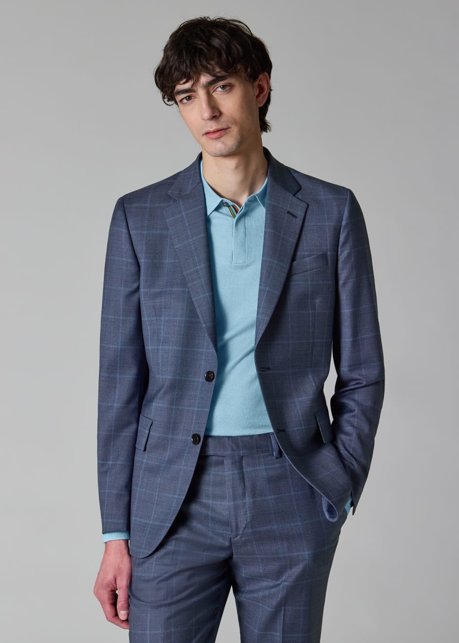 Men's Sky Blue Merino Wool Kntted Long-Sleeve Polo Shirt