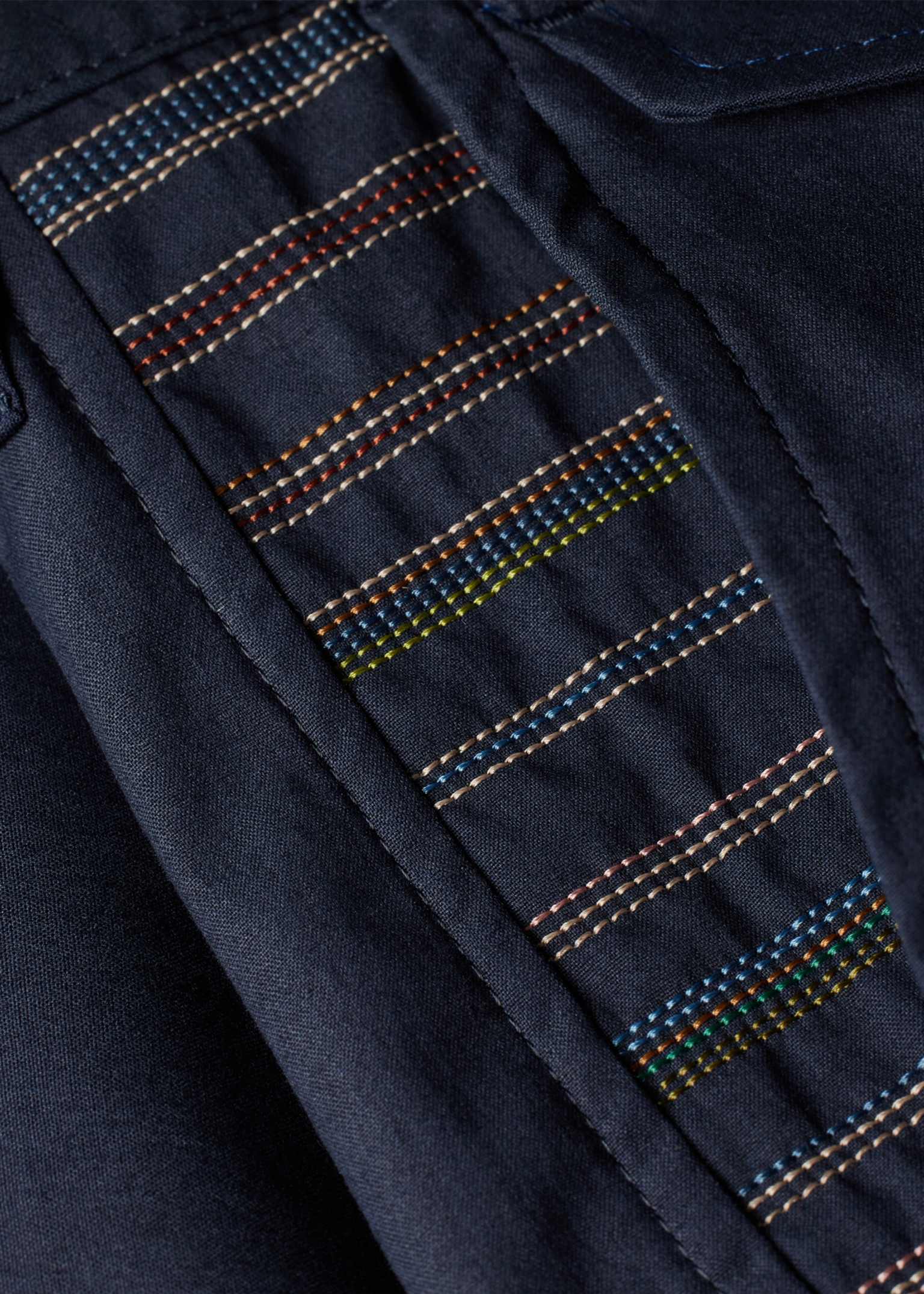 Men's Mid-Fit Navy Cotton-Blend 'Embroidered Stripe' Chinos