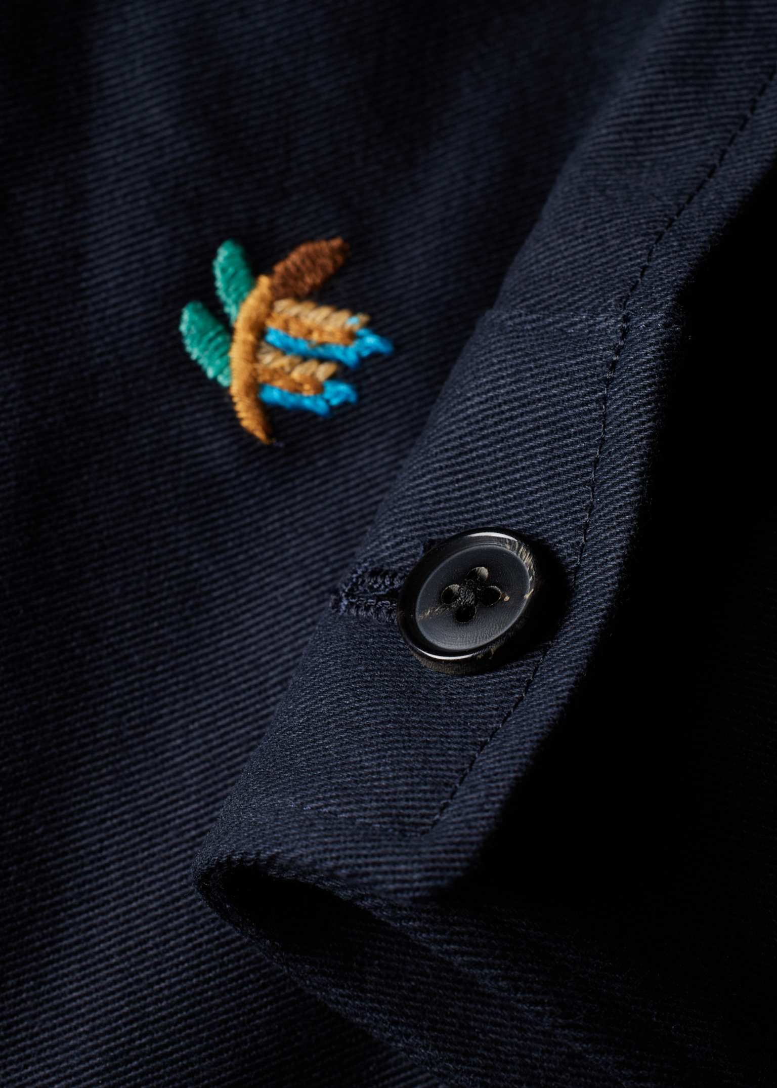 Men's Navy Embroidered Leaf Cotton Overshirt