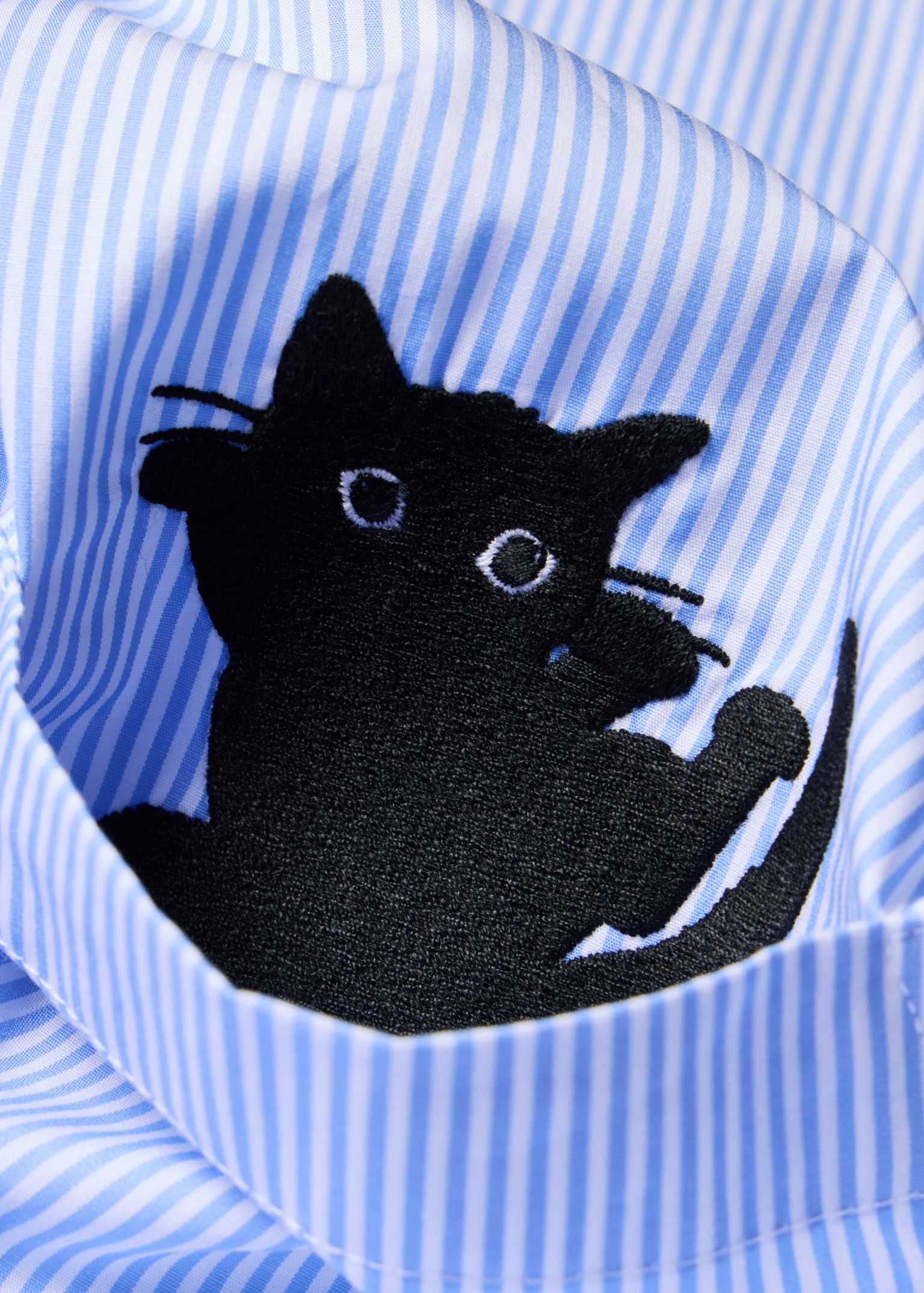 Women's Blue Striped Shirt with Cat Embroidery